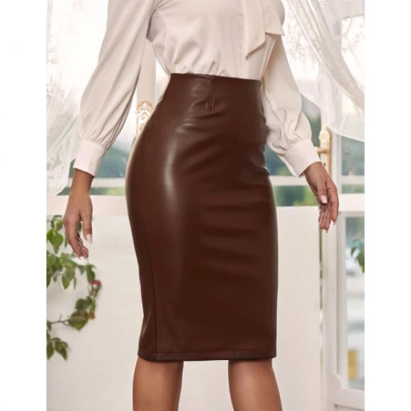 Skirts | Luxe Brown Vegan Leather Pencil Skirt | Poshmark